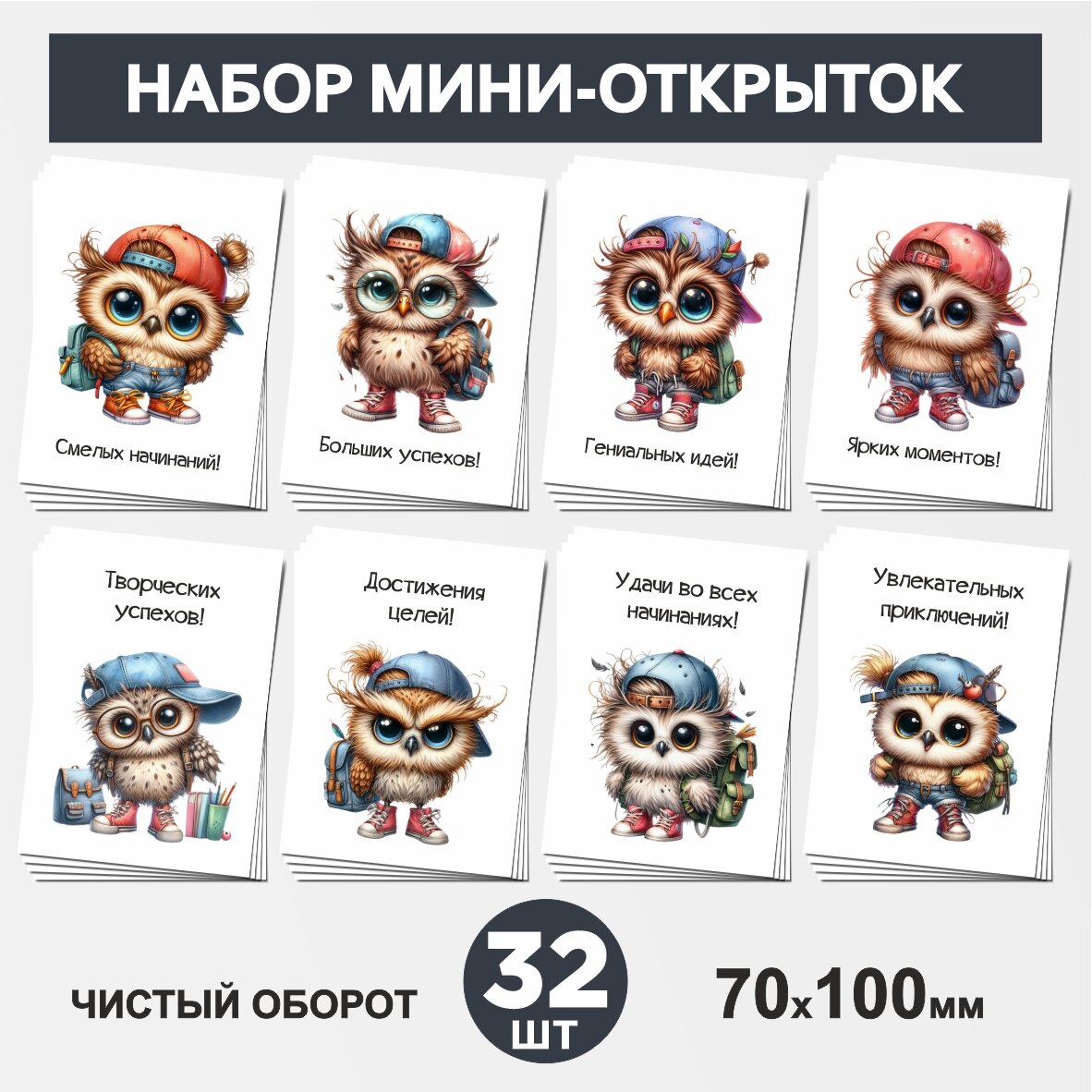 Набор мини-открыток 32 шт, 70х100мм, для подарков выпускнику, 1 сентября, День Рождения, Школьники, ученики #001 - №1, postcard_32_go_to_school_#001_set_1