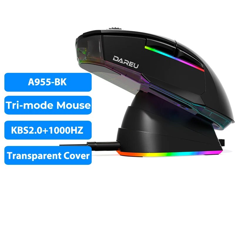 DAREU A955-BK игровая мышь Tri-mode, KBS2.0, 1000HZ, прозрачный корпус, черная