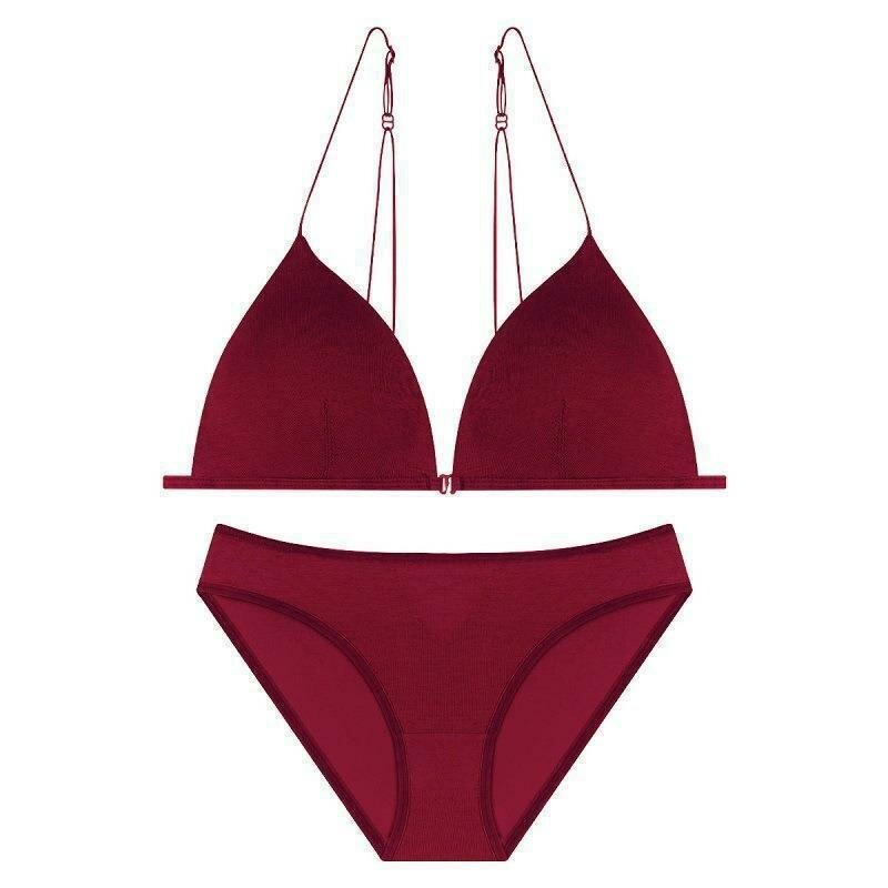 Сексуальное женское белье во французском стиле: бюстгальтер без косточек с треугольными чашечками и застежкой спереди, тонкий хлопок, тонкие бретельки, красивый комплект с красивой спинкой. Бордовый цвет.