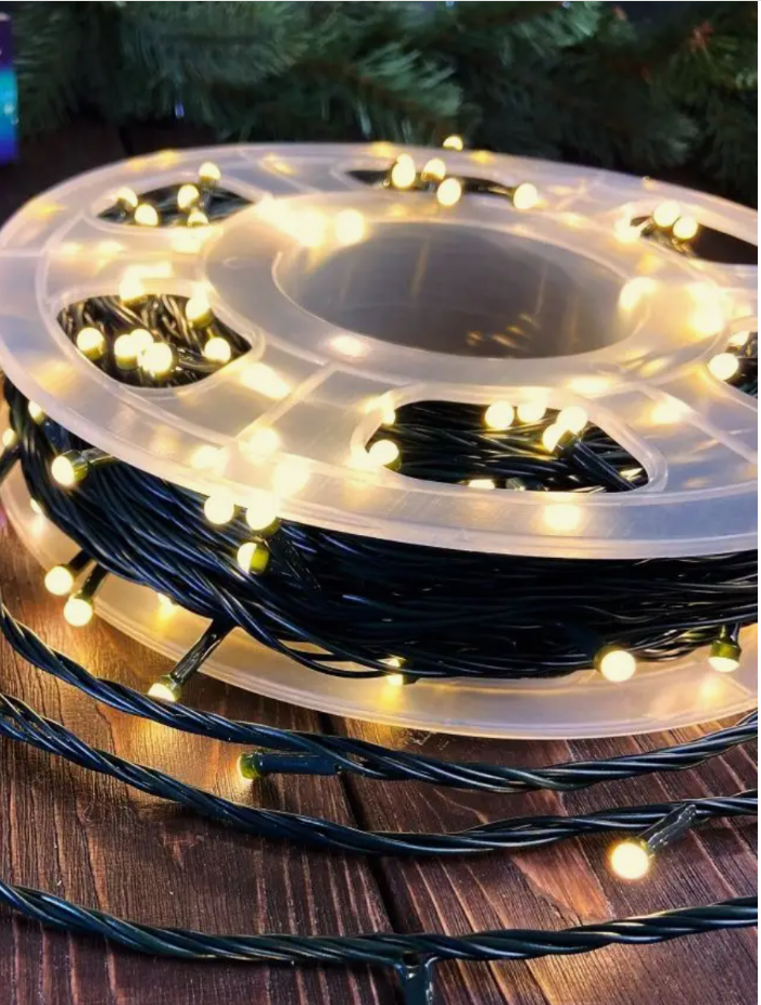 Новогодняя гирлянда уличная линейная, 500 L, тёплая белая матовая, тёмный провод, крупные диоды, 8 режимов, 50 метров