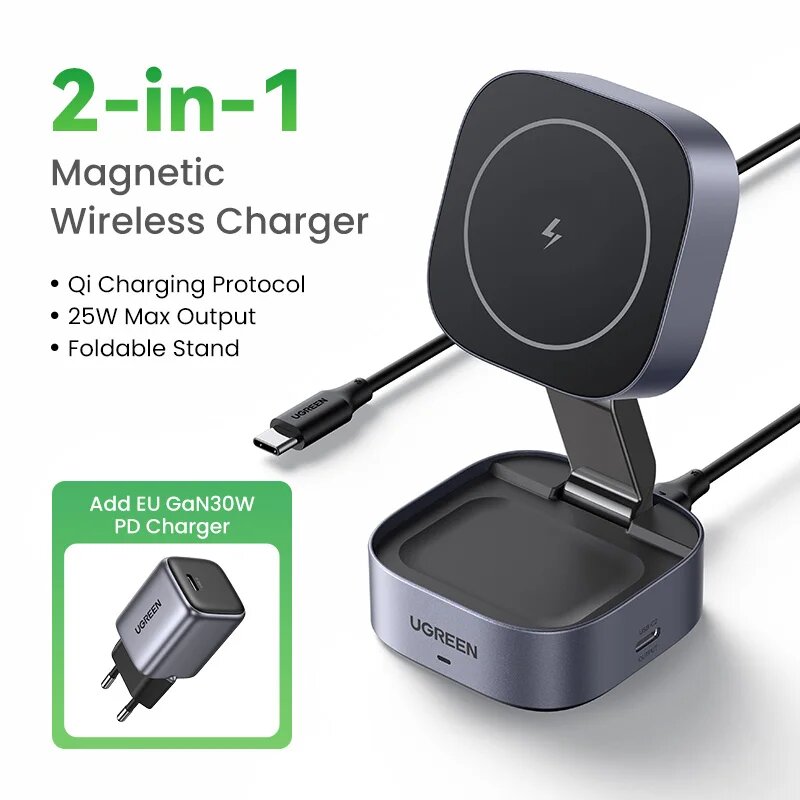 Магнитная беспроводная зарядная станция UGREEN Qi2/Qi 15W 2-в-1 для iPhone 16/17 Qi Add EU Charger