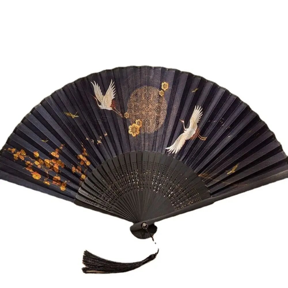 Складной веер ручной шелковый черный 2