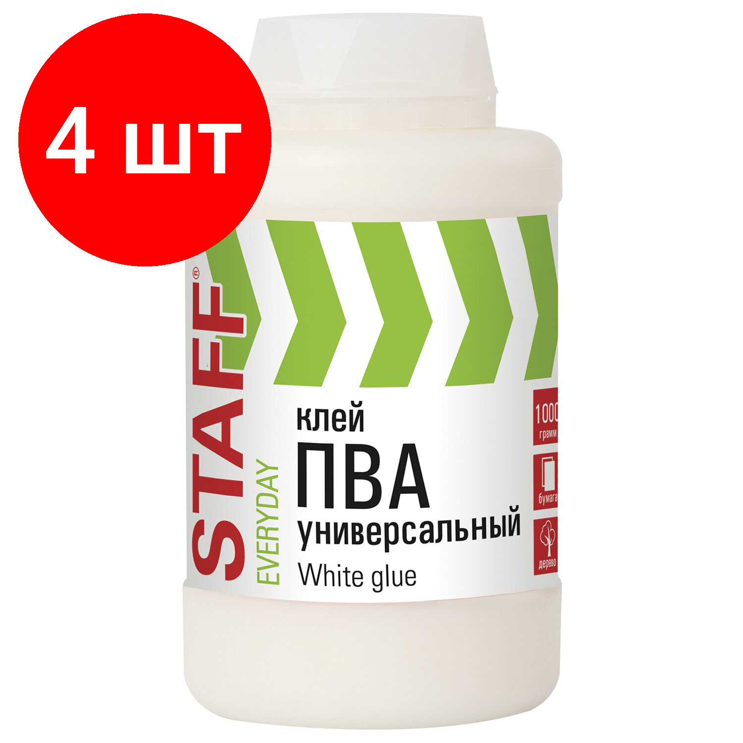 Комплект 4 шт, Клей ПВА универсальный 1 кг (бумага, картон, дерево), STAFF, 606431
