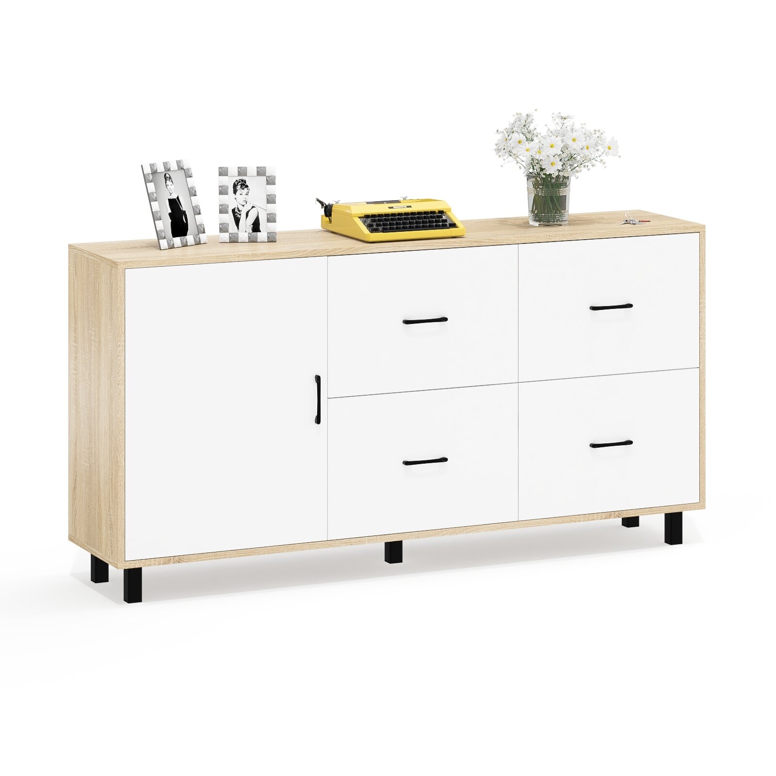 Комод широкий РВК 125-1704 с дверкой и ящикам, цвет дуб сонома/белый, ШхГхВ 170,4х37,4х87 см.