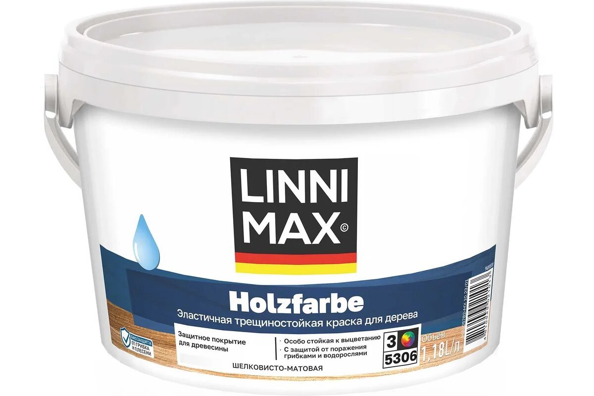 Краска по дереву Linnimax Holzfarbe, шелковисто-матовая, база 3, бесцветная, 1,18 л