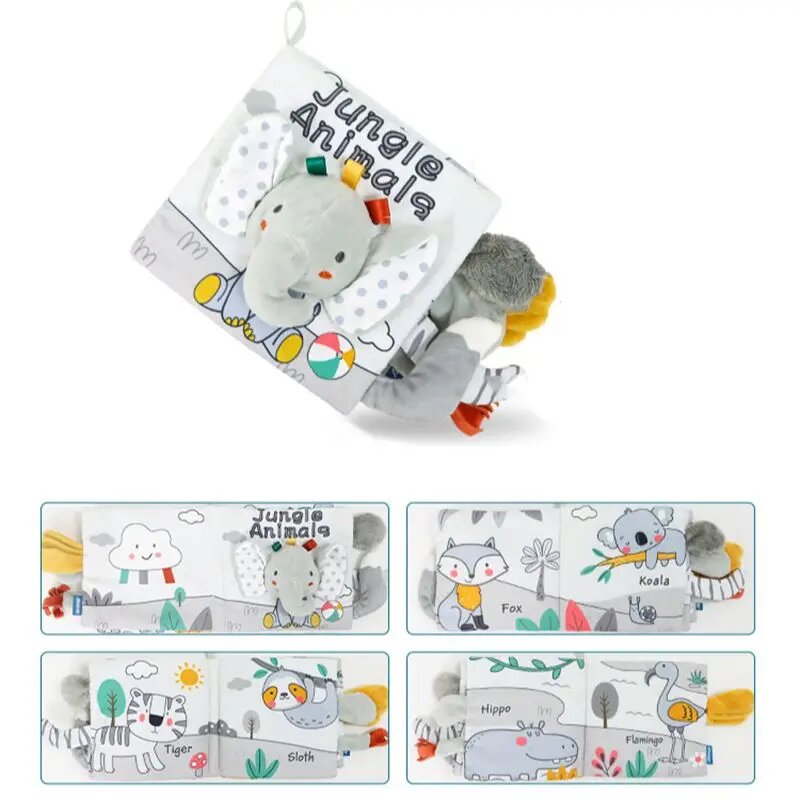 Мягкая тканевая книга Монтессори для младенцев Белый, Elephant