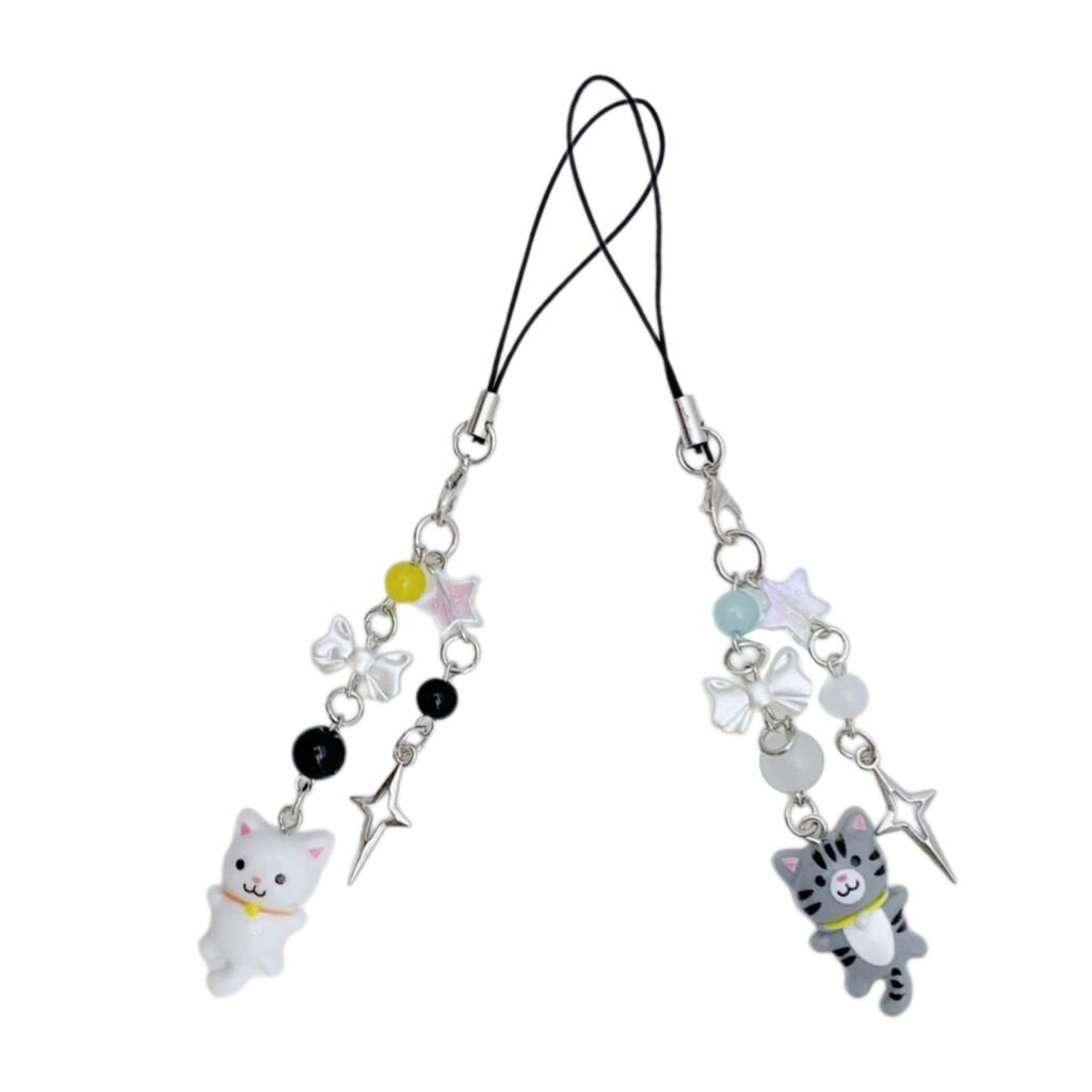 (набор из 2 предметов) Подвеска для мобильного телефона с мультяшным котенком в виде звезды бисера-черно-белая