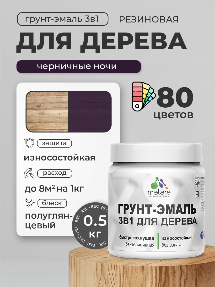 Резиновая Грунт-Эмаль 3 в 1 Malare для деревянных поверхностей/ краска по дереву с антисептическим эффектом/ быстросохнущая моющаяся без запаха полуглянцевая, черничные ночи, 0.5 кг
