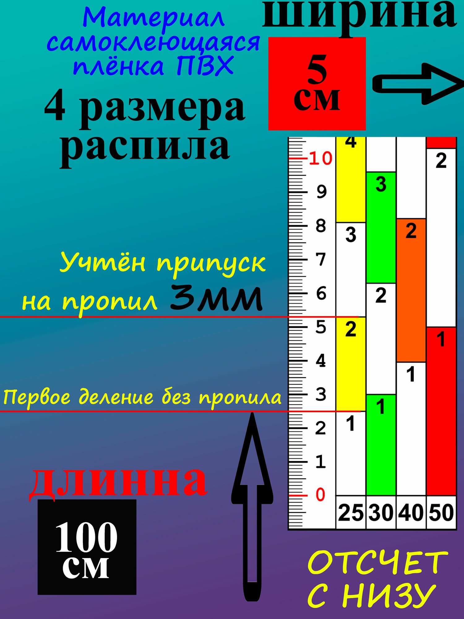Линейка наклейка ПВХ для пилорамы 100см (в начале без пропила) обратная