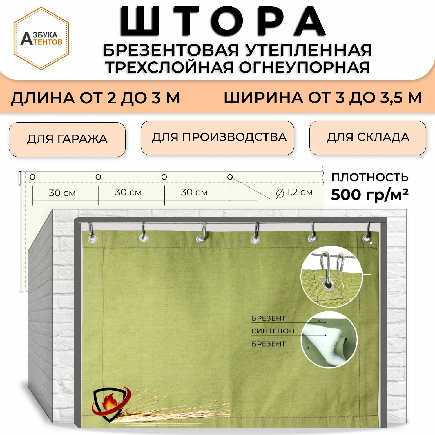 Штора в гараж брезентовая утепленная трехслойная "Сибирь" ( 2 брезента, синтепон) огнеупорная 220х120 , полог универсальный с люверсами, тент, завеса для гаража