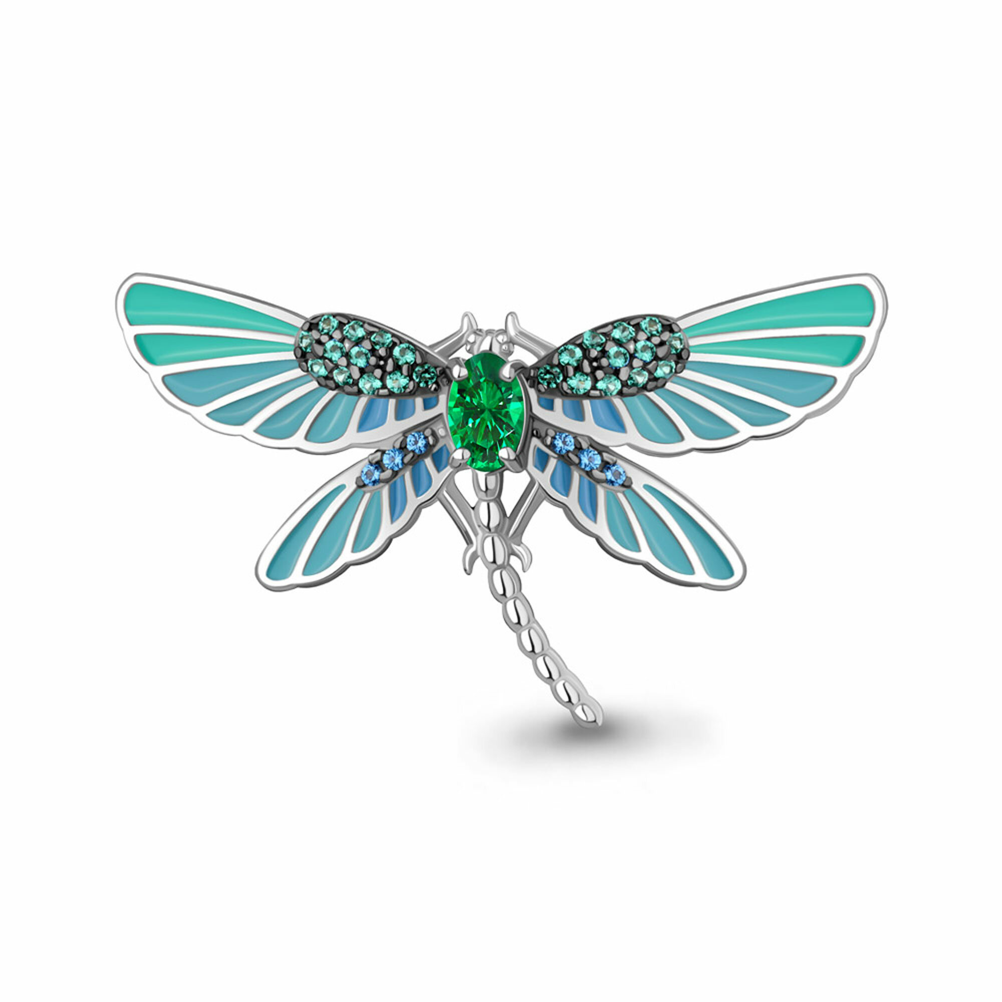 Брошь, серебро, 925 проба, родирование, эмаль, изумруд синтетический, сапфир синтетический