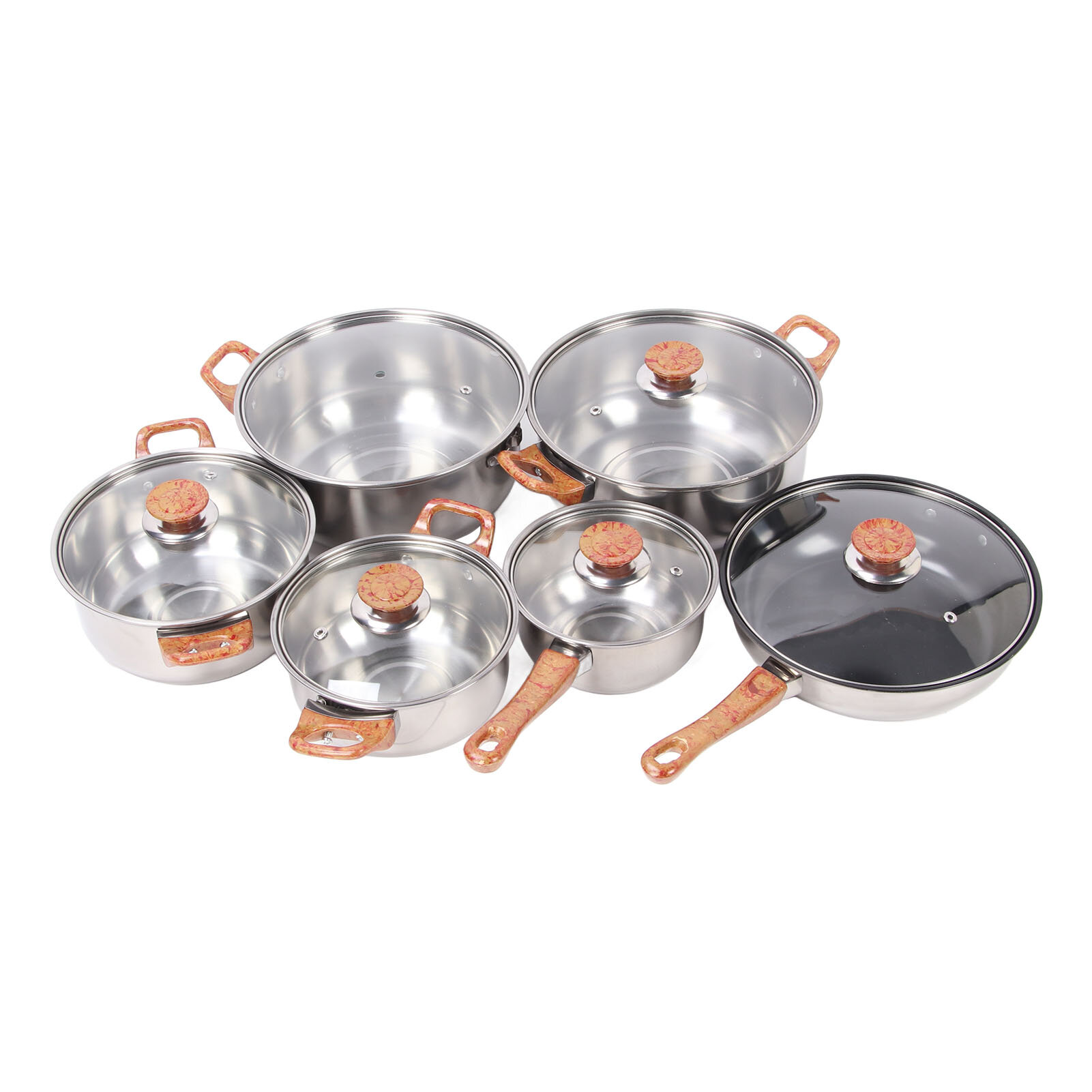 Pots Pans Set Woodgrain Model Stainless Steel Glass Phenolic Plastic with Ergonomic Handle Kitchen Cookware for Soup