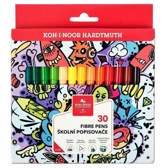 Фломастеры KOH-I-NOOR "Teenage", классические легкосмываемые, 30 цветов, круглый корпус (771002CJ23KS)