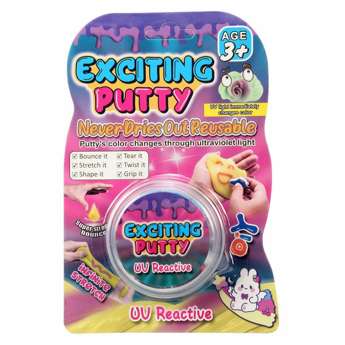 Лизун попрыгун меняет цвет от света, 20г, 4 цвета, фонарик, нос, глаза