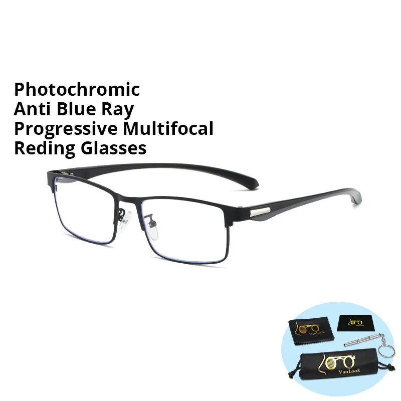 Фотохромные очки для чтения, прогрессивные мультифокальные очки с защитой от синего света, очки для дальнозоркости, мужские деловые очки, линзы-хамелеоны 12