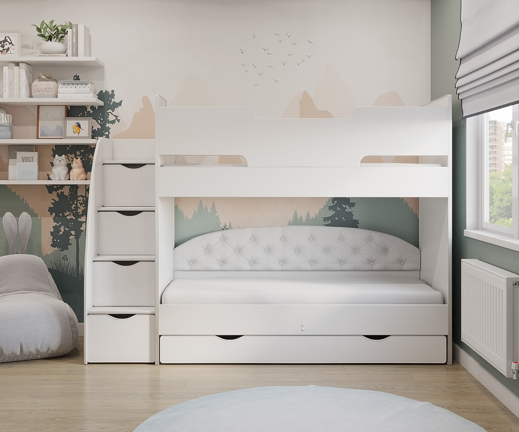 Matrix кровать детская двухъярусная с мягкой спинкой "Junior 13" белый/белый, лестница слева