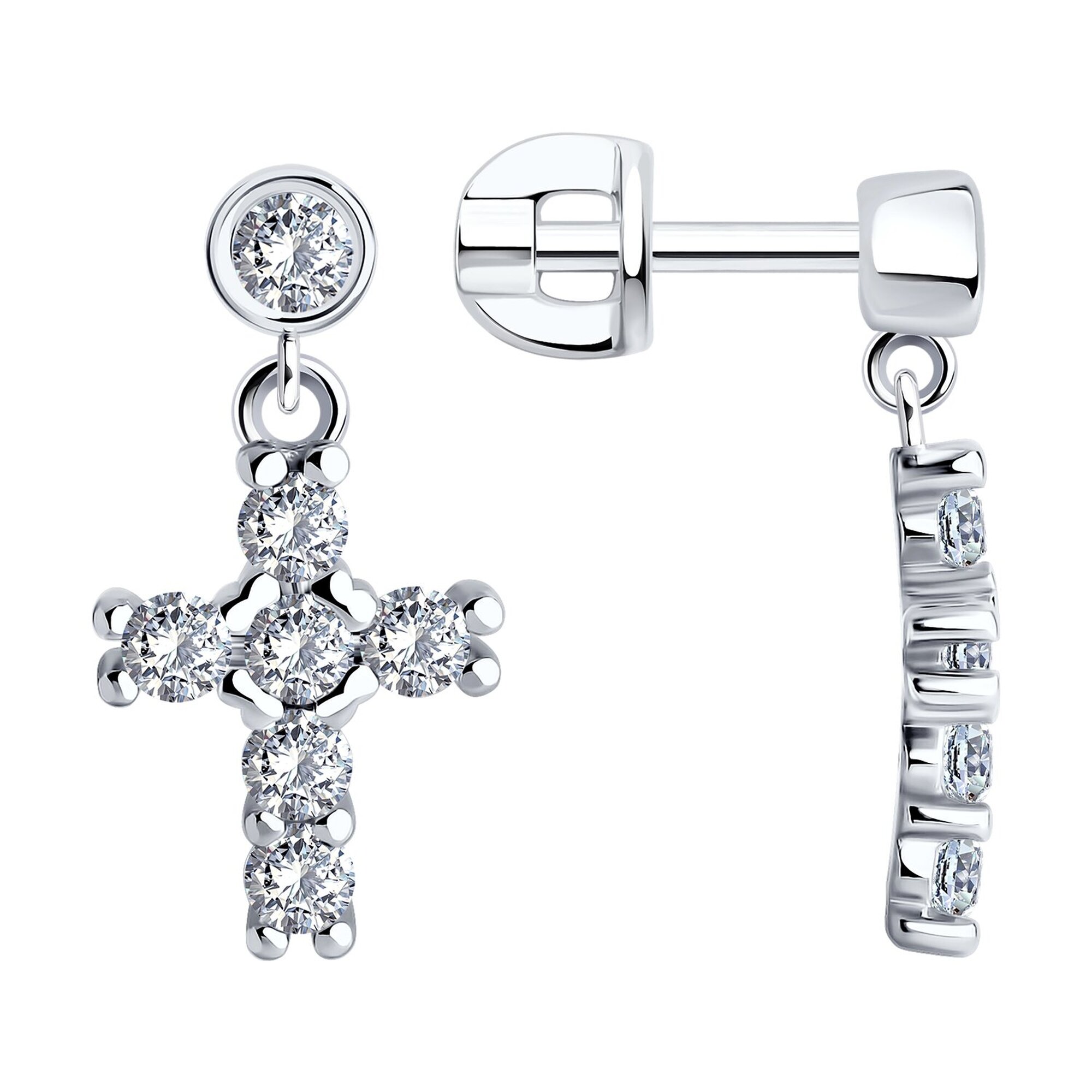 Серьги с подвесками, серебро, 925 проба, родирование, фианит