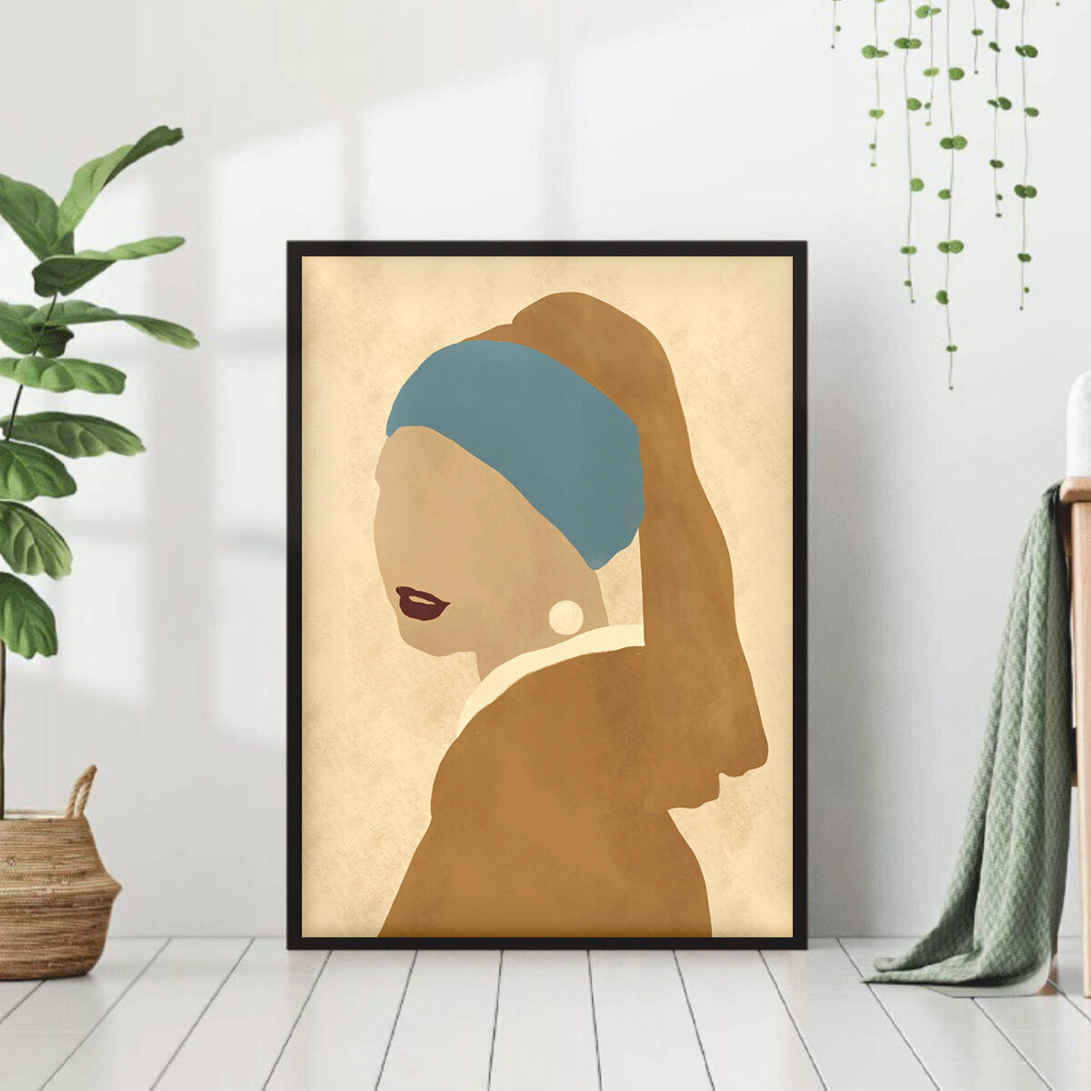 Постер "Девушка с жемчужной сережкой минимализм" в черной рамке 40х50 см для интерьера на стену