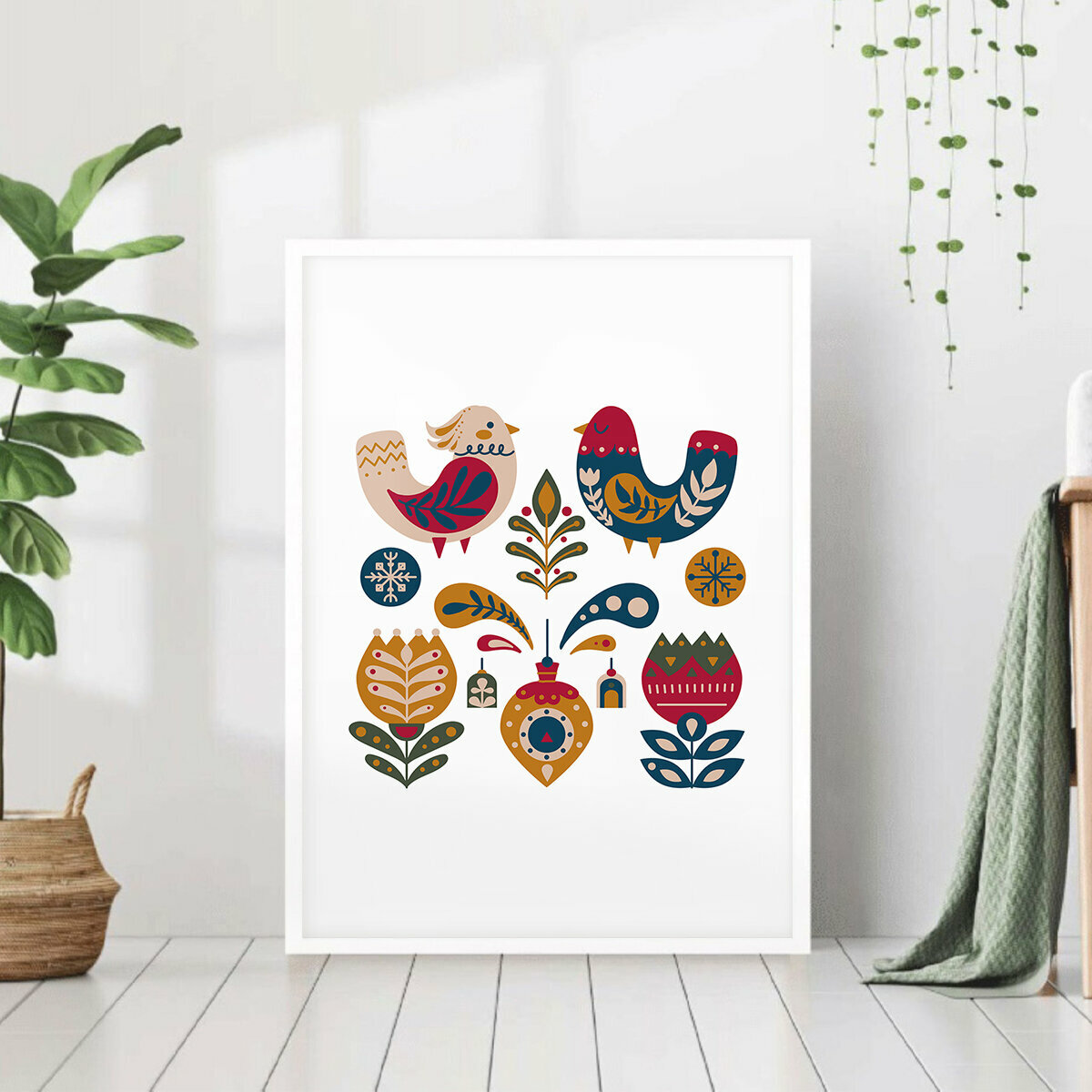 Постер "Этнический орнамент птицы хохлома" 40x50 в белой рамке на стену для интерьера
