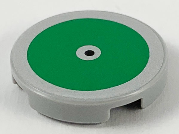 Tile, Round 2 x 2 with Bottom Stud Holder with Large Green Circle and Black Center Dot Pattern, 14769pb317 Light Bluish Gray U