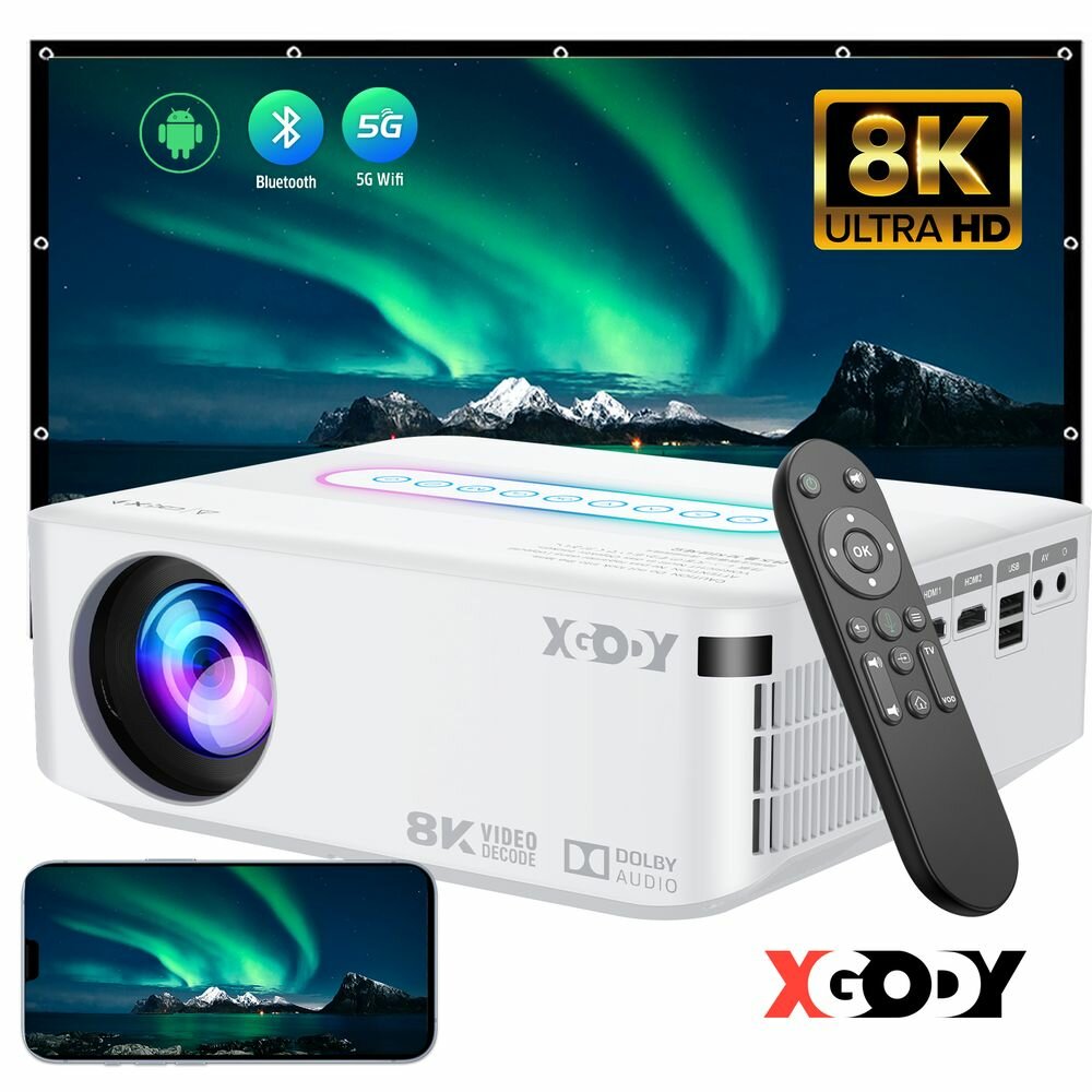 XGODY 8K светодиодный светильник для домашнего кинотеатра, умный проектор Ultra HD 5G, Wi-Fi, портативный проектор