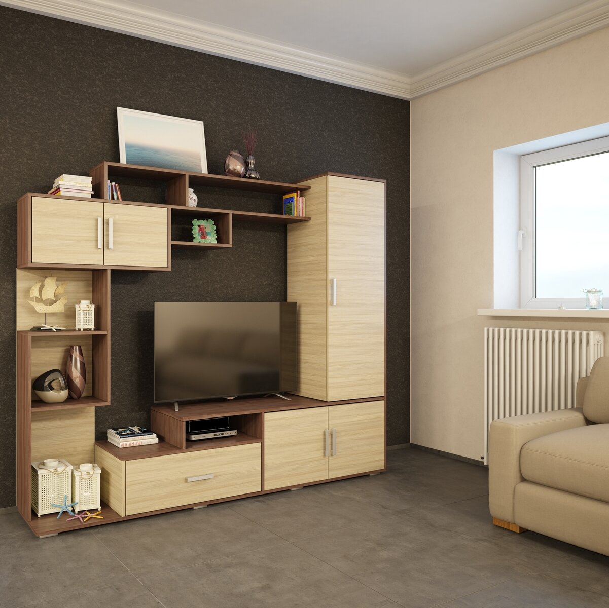 Гостиная Пекин, стенка для гостиной Эра Ясень шимо светлый/Ясень шимо тёмный