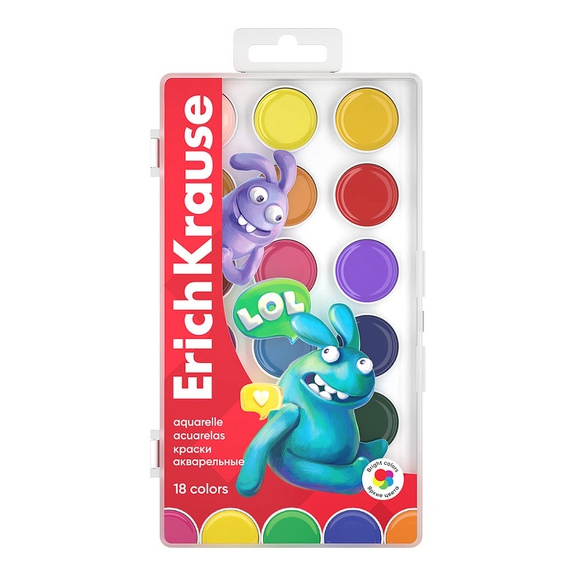 Акварель 18 цветов, ErichKrause Jolly Friends, без кисти, пластиковая коробка, еврподвес