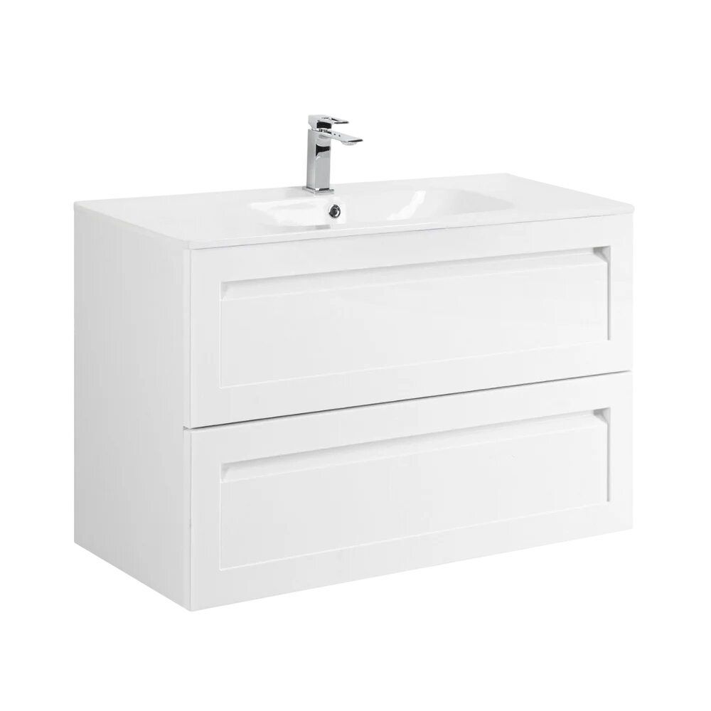 Тумба с раковиной Art&Max Платина (Platino) 90 подвесная, 91 см, белая, глянцевая, из МДФ, с ящиками, раковина для ванной, фарфоровая, прямоугольная, встроенный слив-перелив