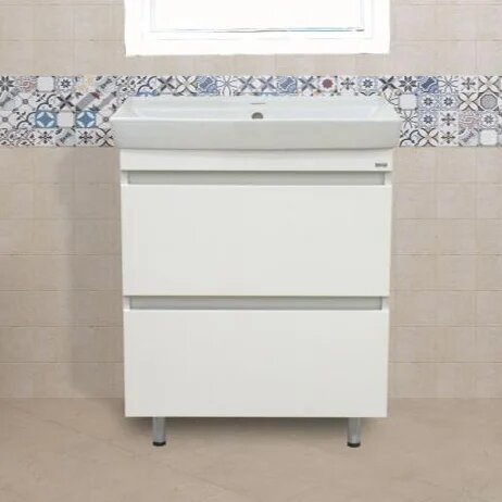 Тумба с раковиной Misty Енисей 60 напольная, 60 см, белая, глянцевая, из МДФ, с ящиками, раковина для ванной фарфоровая, прямоугольная, встроенный слив-перелив