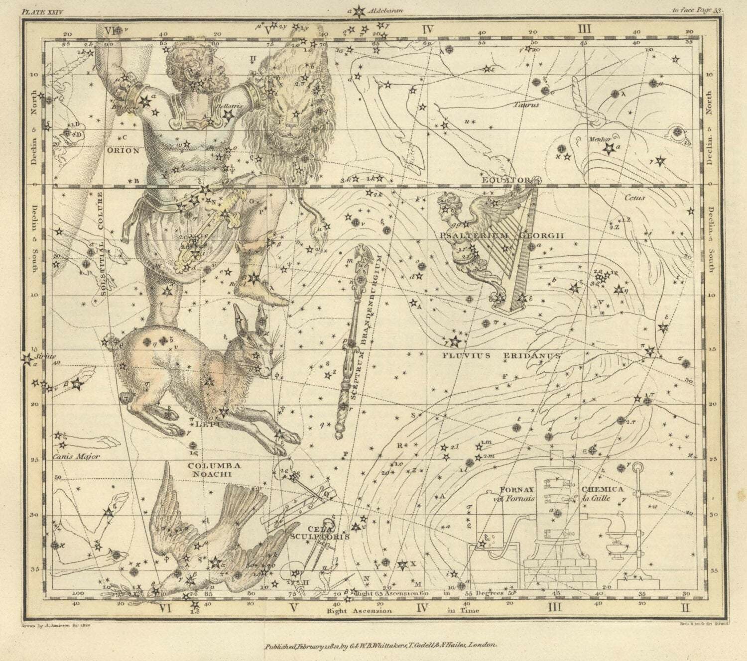 Плакат, постер Старинная звездная карта созвездия Ориона (Orion) на бумаге, размер 60х84см