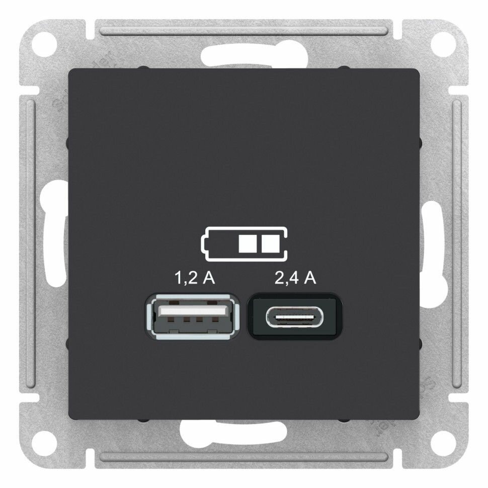 Розетка USB двойная встраиваемая AtlasDesign A+C 5 В - 2.4 A, 2x5 В - 1.2 A, IP20, карбон, ATN001039 / розетка с юсб зарядкой
