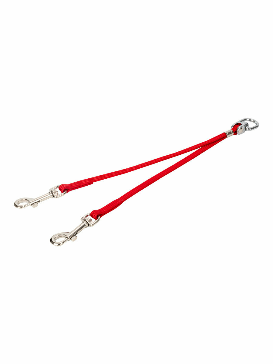 Сворка поводок для двух собак регулируемая с вертлюгом, длина 38 см, лента-чулок ширина 10 мм, красная, ZooOne, 79-0030