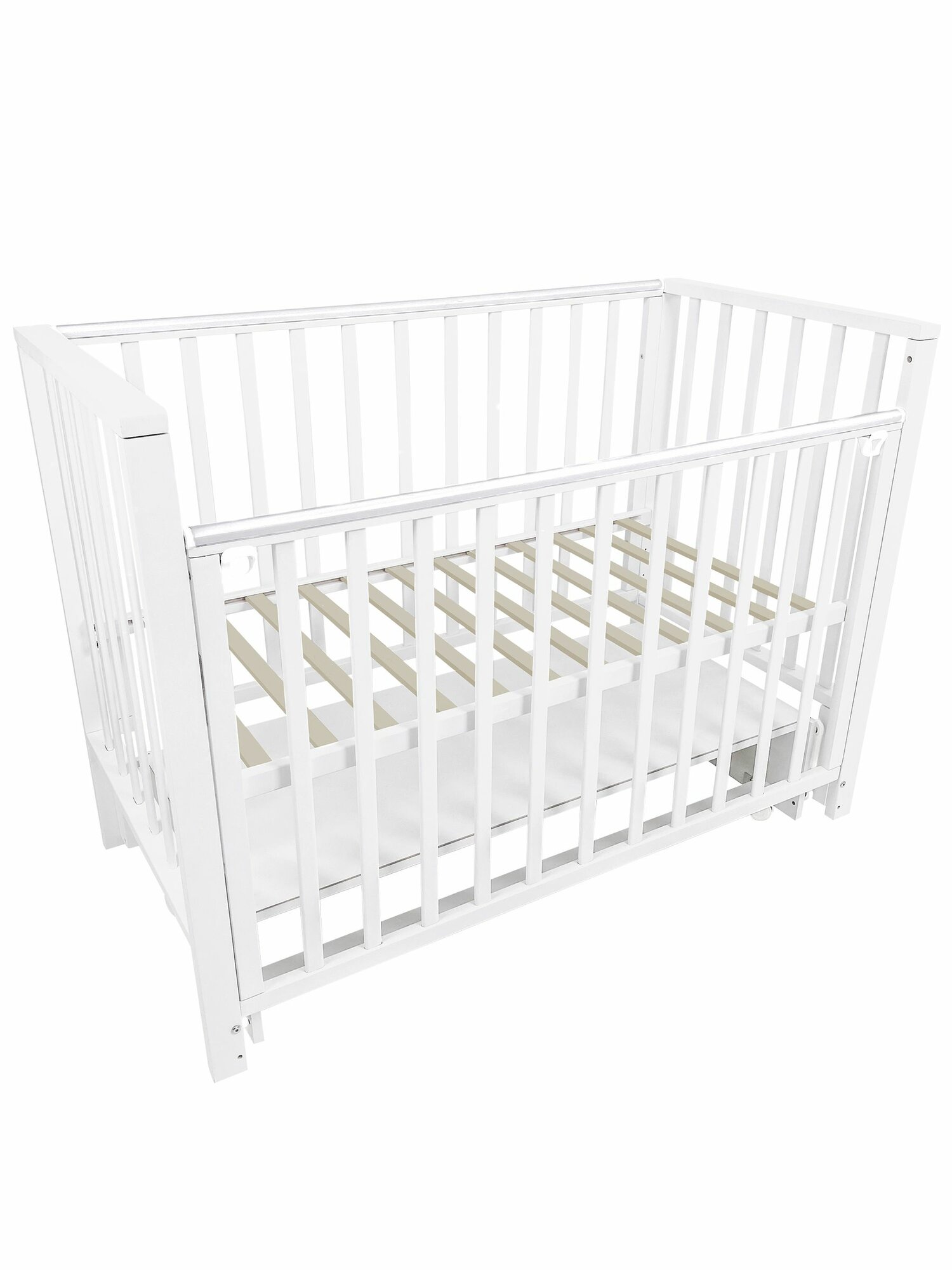 Кроватка для новорожденных Indigo Norden, универсальный маятник, колеса, массив березы, белый