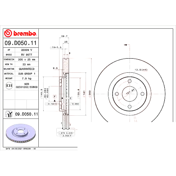 BREMBO 09. D050.11 диск тормозной Ford (Форд) ecosport 09 / 11-12 / 22