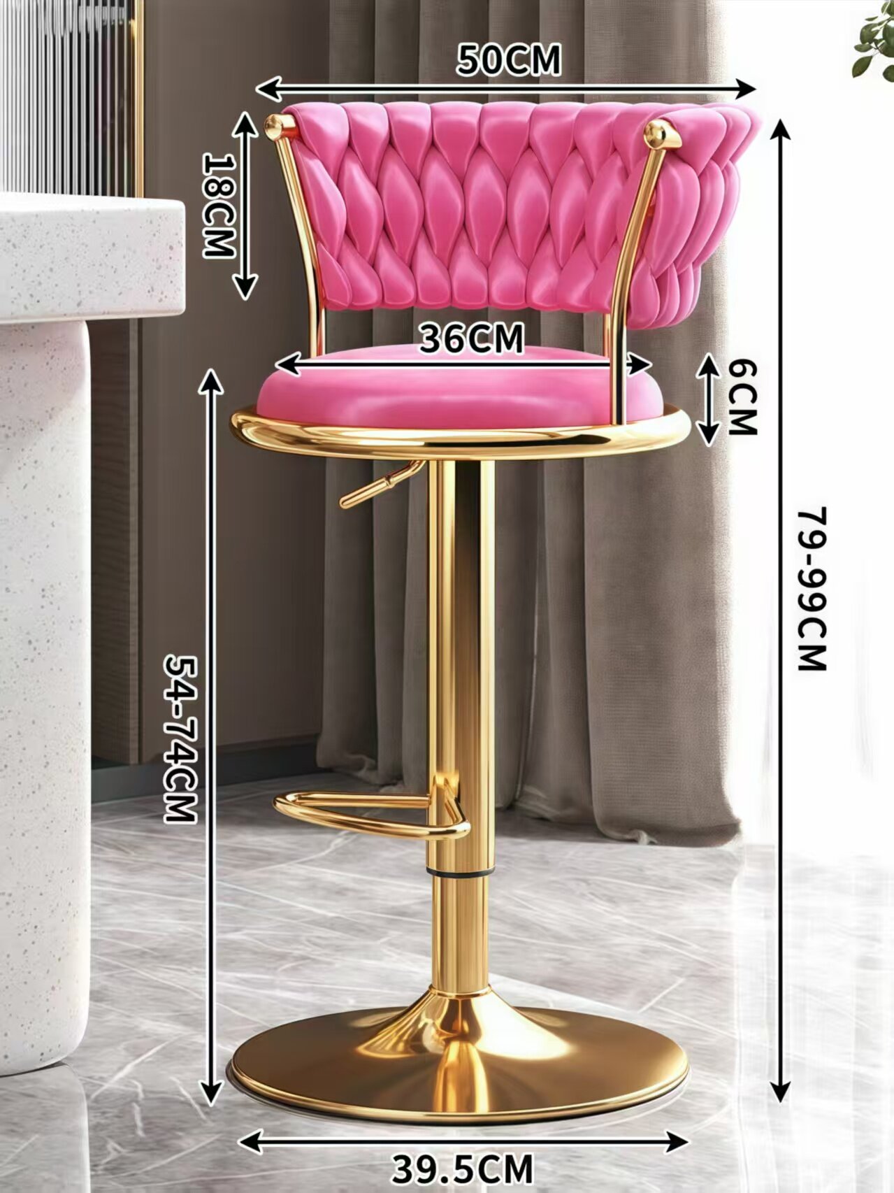 Барный стул HH, розовый, золотой, искусственный велюр, металл, 50х39,5х99см