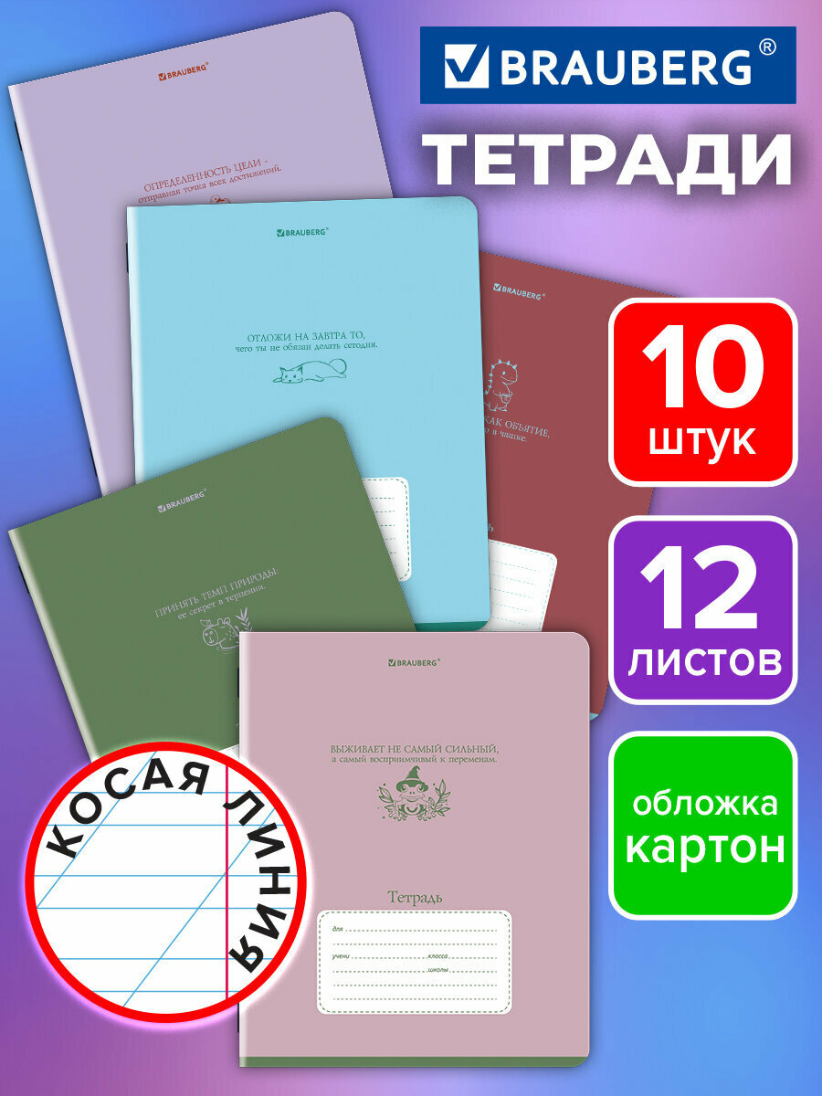 Тетрадь в косую линейку 12 листов для школы набор 10 штук, обложка картон, Brauberg Phrases, 107328
