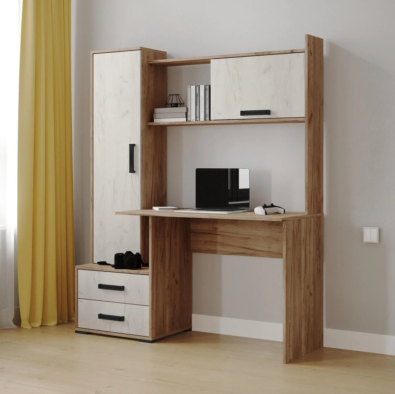 Стол компьютерный с надстройкой, ящиками и пеналом «Квартет-9» ЛДСП (Дуб крафт табачный/Дуб крафт белый) 140х55х172