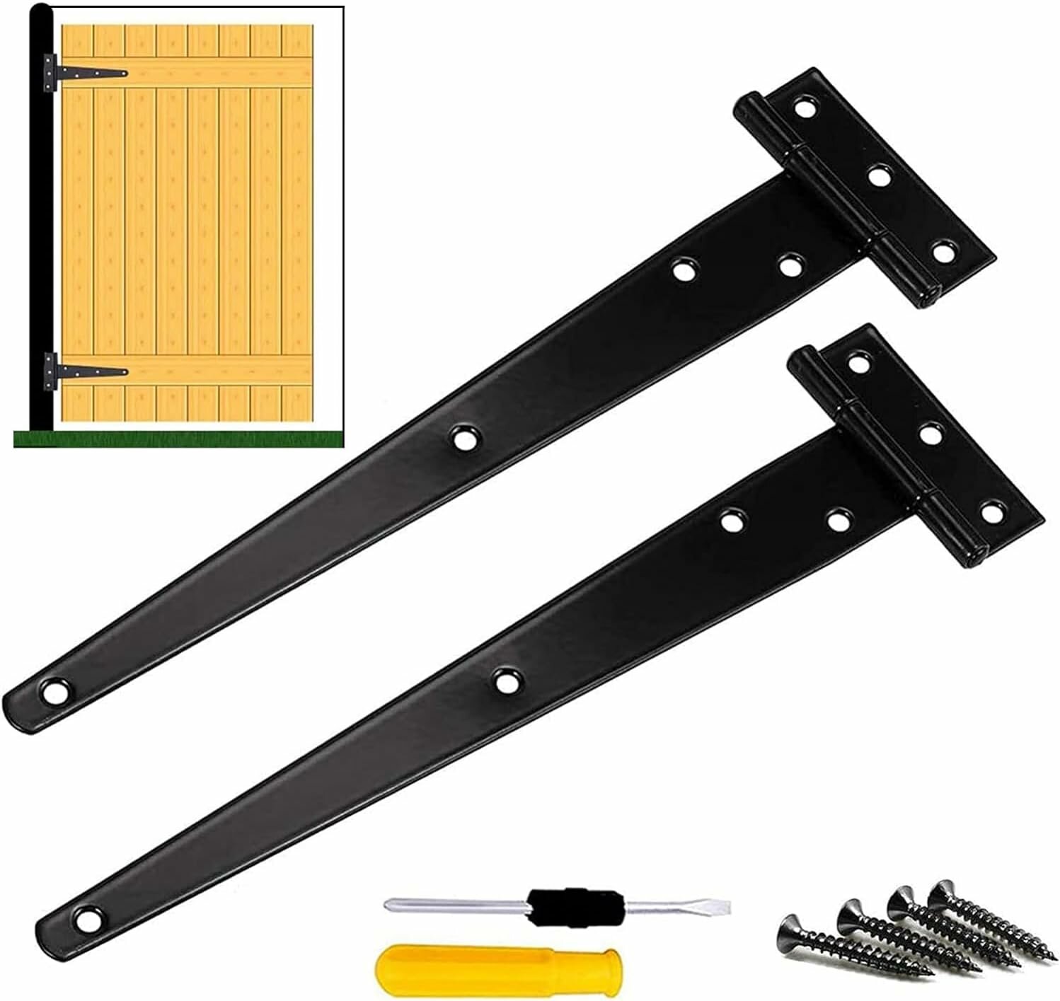 2 Т-образные петли с 14 винтами и отверткой используются для дверей сарая, садовых дверей, шкафов и амбарных дверей