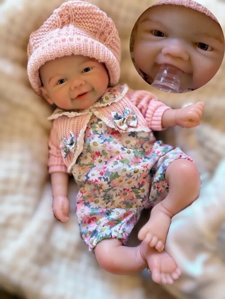 Силиконовая девочка 33 см раскрашенная полностью цельная силиконовая кукла Реборн, открытый рот С нарядами и бутылочкой для кормления