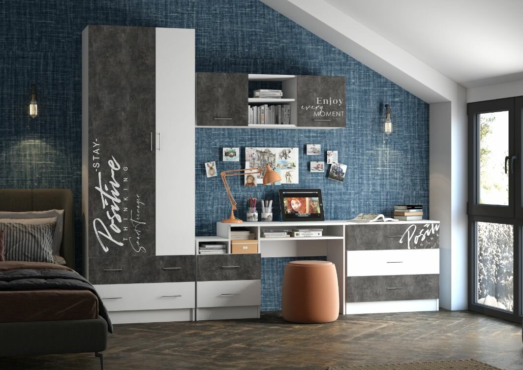 Детская Вега NEW Позитив (Комплект) Бетон темный/Белый МИФ