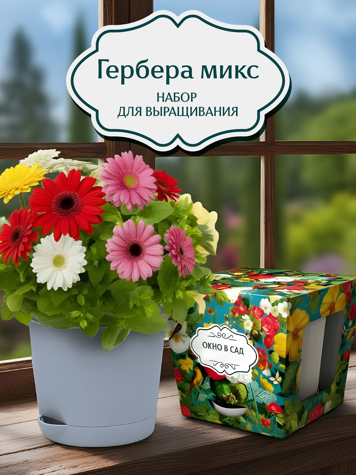 Набор для выращивания Гербера микс от бренда "Окно в сад", для детей и взрослых