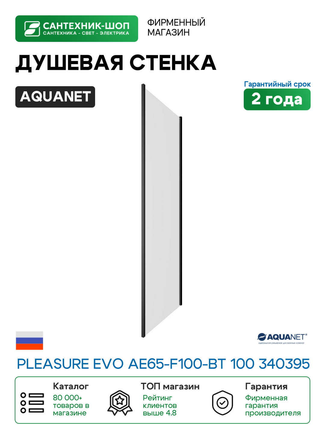 Душевая стенка Aquanet Pleasure Evo AE65-F100-BT 100 340395 профиль Черный стекло прозрачное