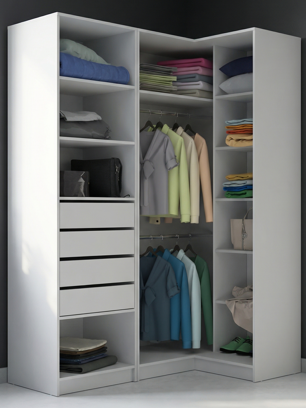 Открытый гардеробный угловой шкаф Макс-14 с 2 штангами для вешалок и 4 ящиками, ШхГхВ: 160х100х210 см, белый