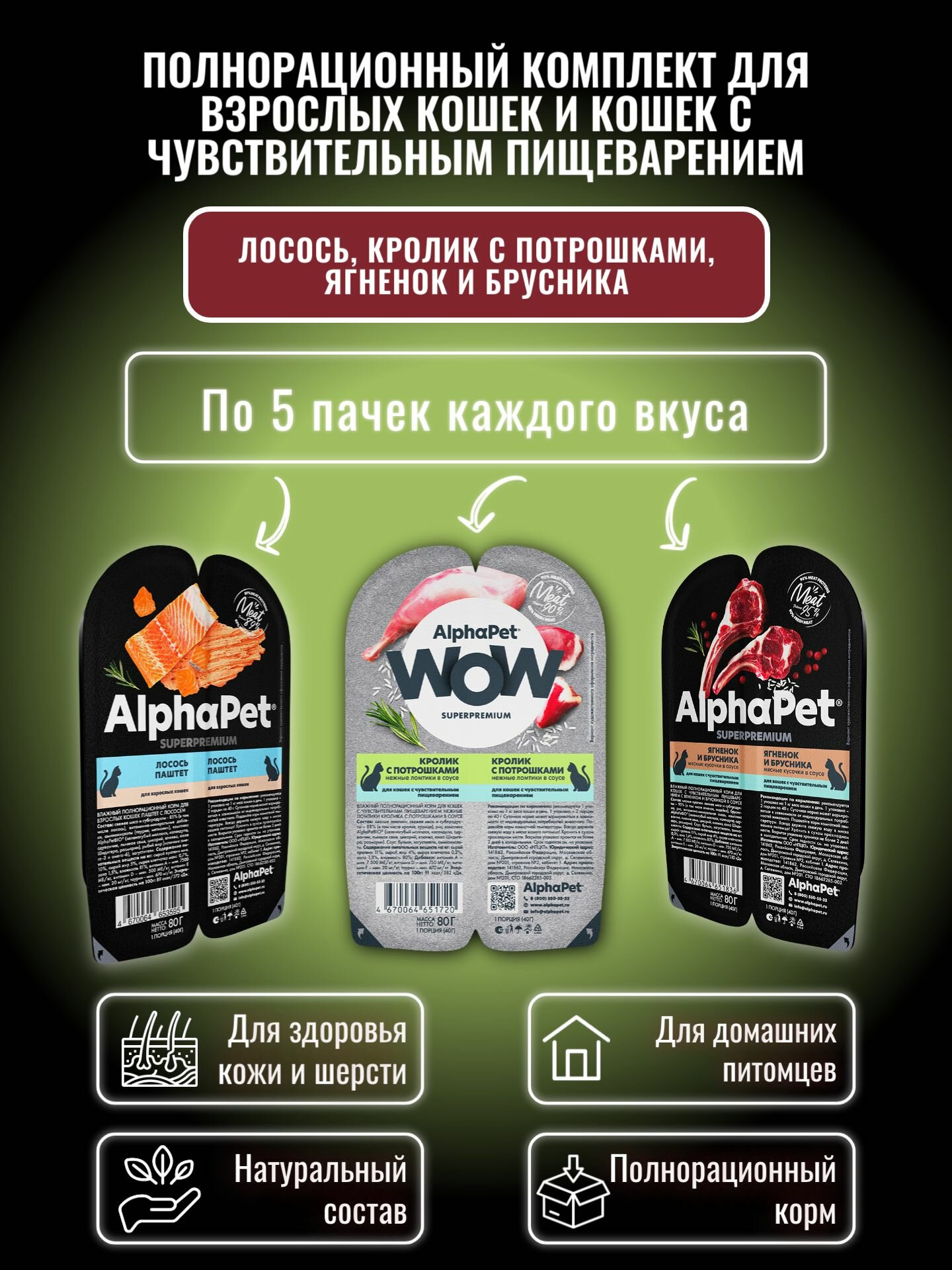 AlphaPet Superpremium / Комплект для взрослых кошек и котов и кошек с чувствительным пищеварением, 3 вкуса (Лосось, Ягнёнок, Кролик), 15 шт