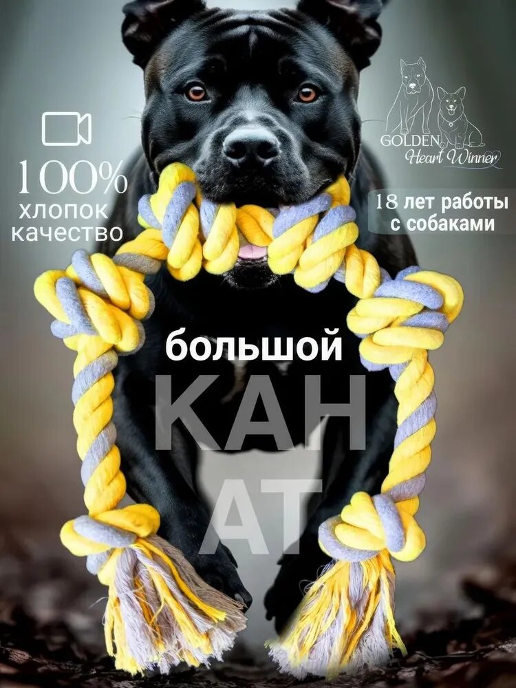 Игрушка канат для собак крупных пород 60 см, 100% хлопок, желто-серый