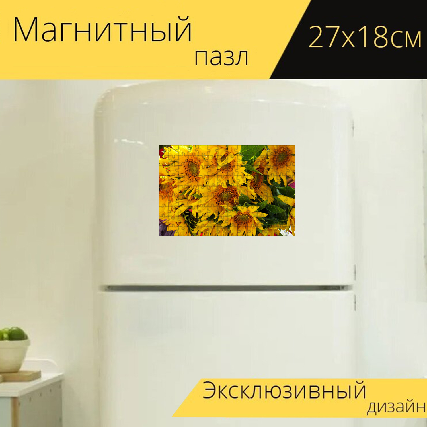 Магнитный пазл "Подсолнух, семена подсолнечника, подсолнечное масло" на холодильник 27 x 18 см.