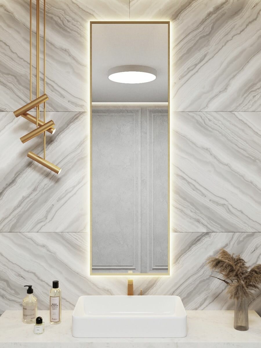 Зеркало в ванную 150х40 см. золото с подсветкой. Свет: Нейтральный белый 4500К. В алюминиевой раме настенное BLX MIRROR