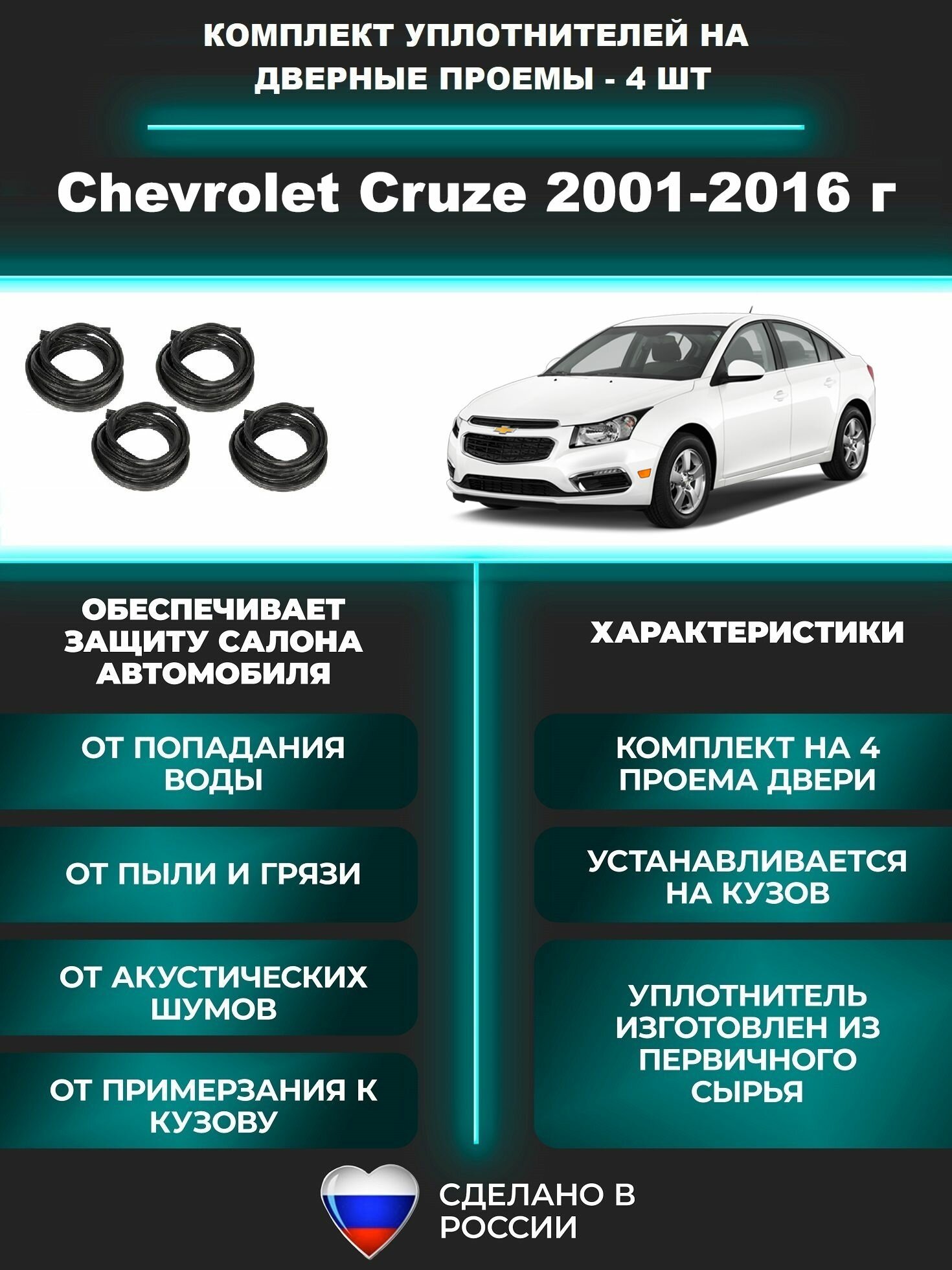 Комплект уплотнителей проемов дверей для Chevrolet Cruze 2001-2016 г, Шевроле Круз (на 4 двери - 2 передние и 2 задние)