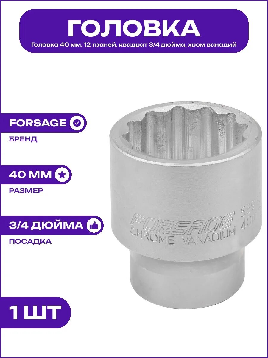 Головка торцевая 40 мм, профиль 12 граней, посадка 3/4 дюйма
