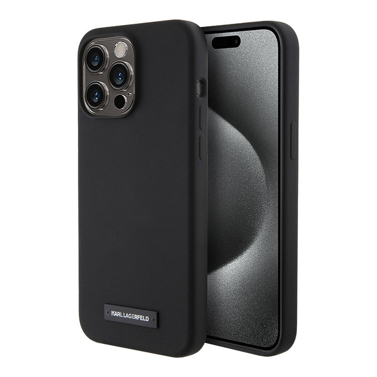 Karl Lagerfeld силиконовый чехол MagSafe для iPhone 15 Pro Max, Liquid silicone Metal plate logo, черный